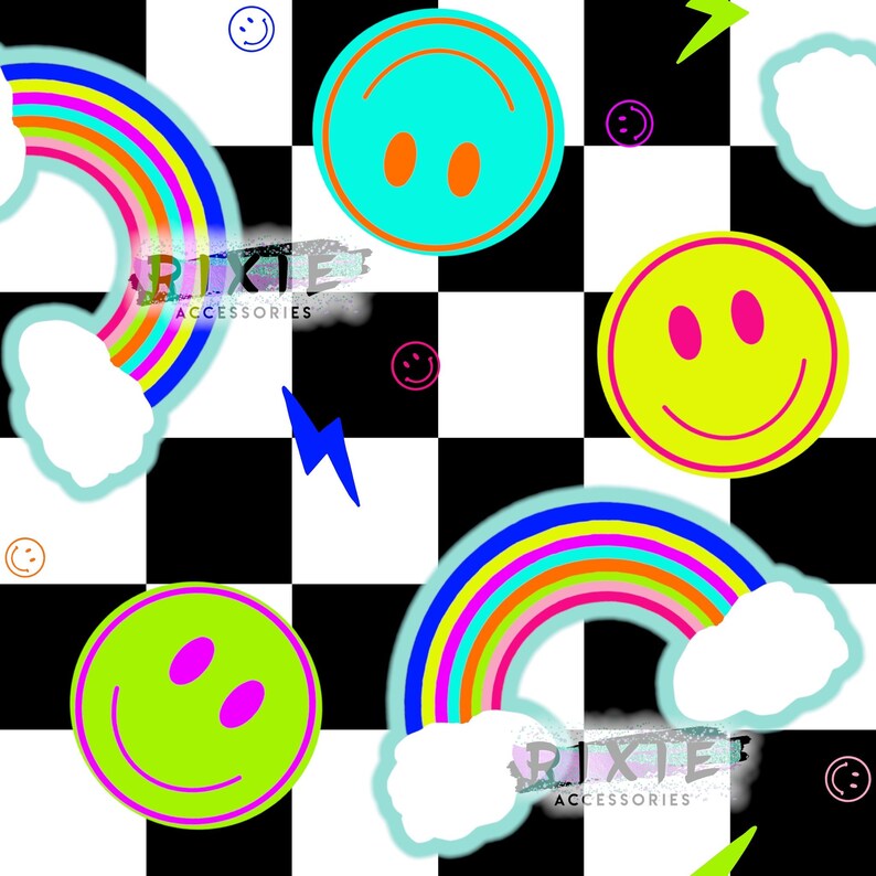 Seamless Files. Neon Smileys and Rainbows on Black and White ...
