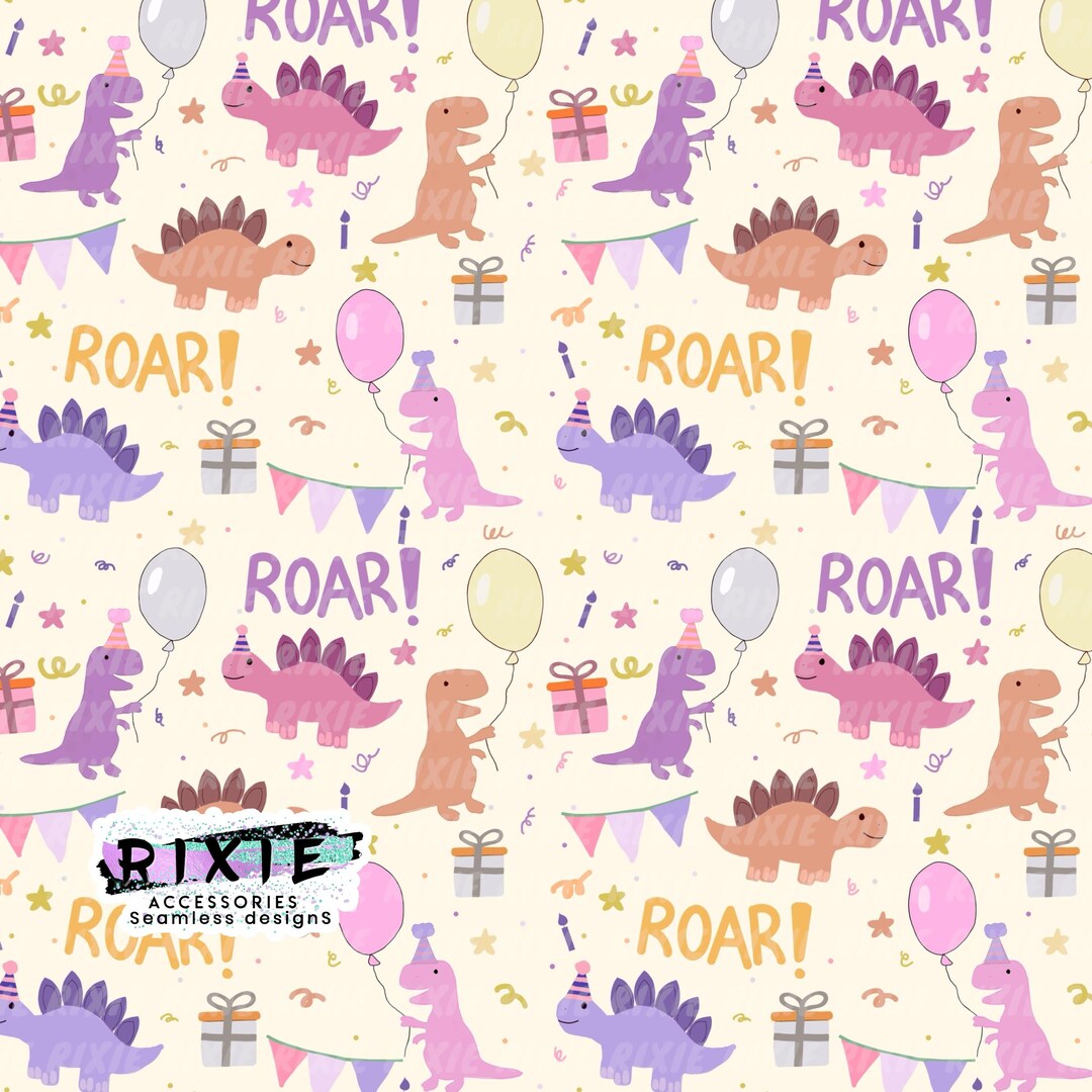 Girls Pink Dino Birthday Seamless File. Birthday Theme Dinosaur ...