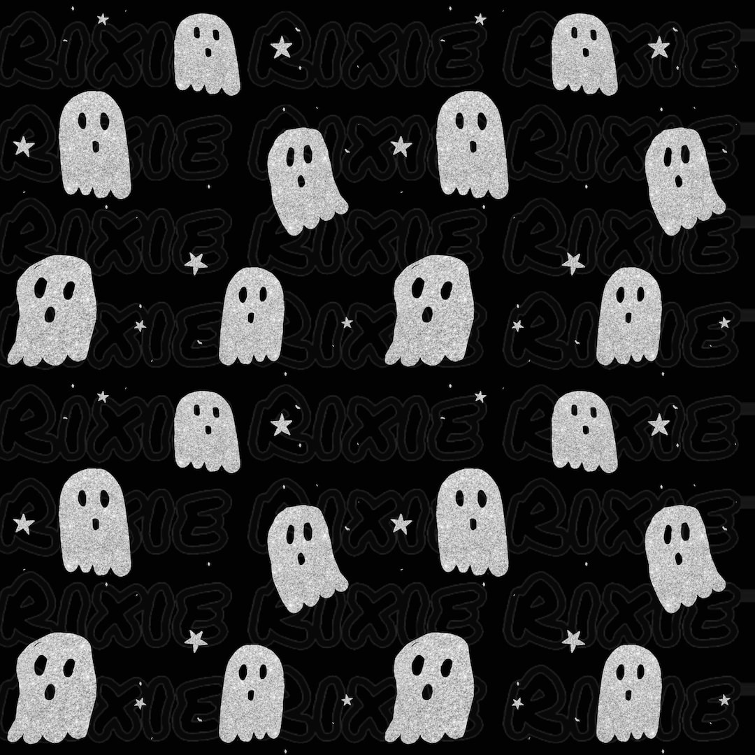 Silver Glitter Cute Ghosts on Black Seamless File. Silver Sparkle ...