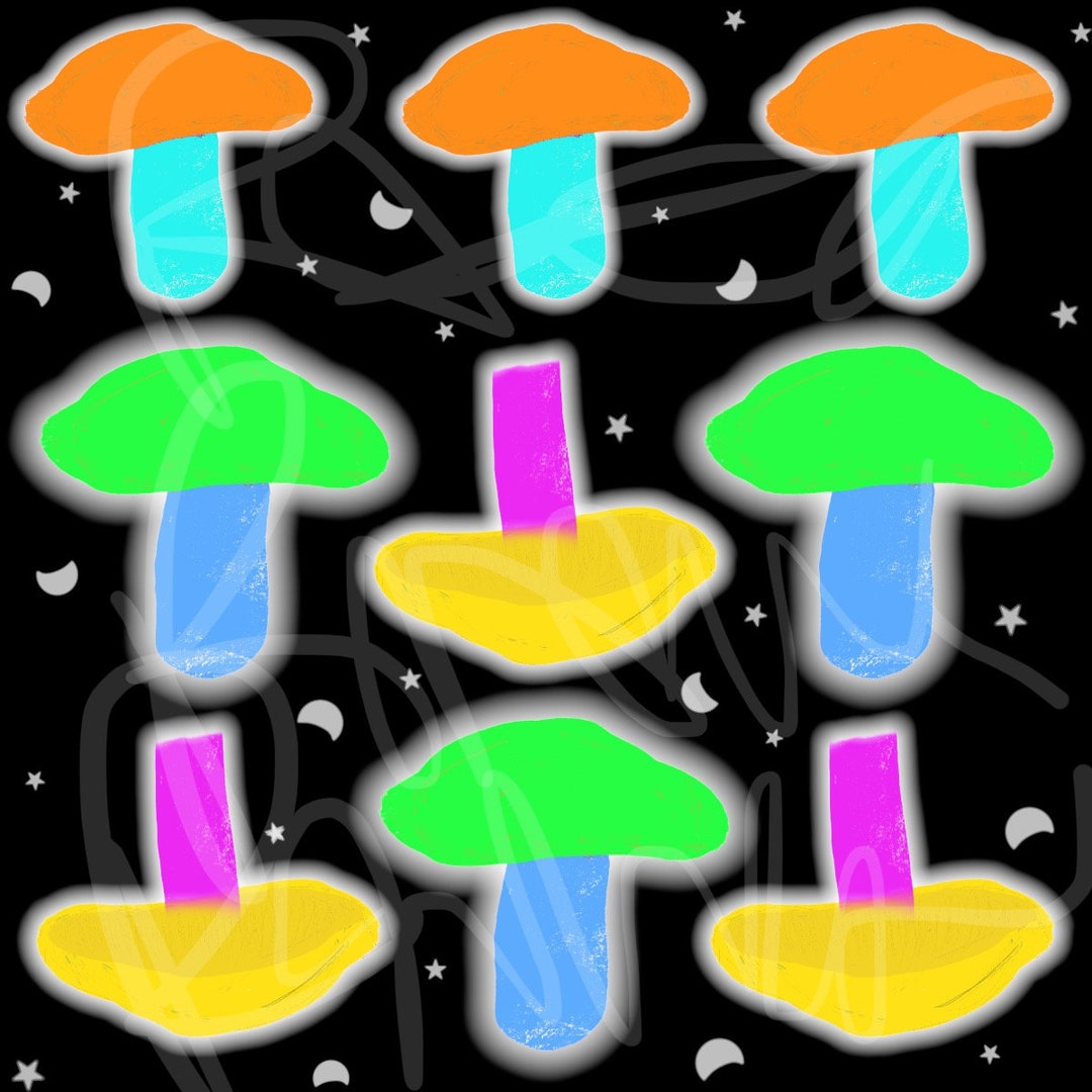 Seamless Files. Glowing Shrooms on Black Seamless Pattern. - Etsy