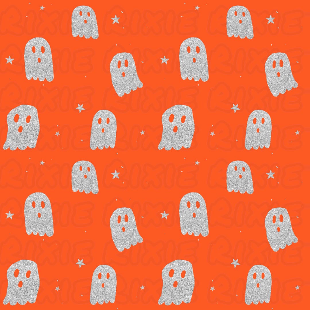 Silver Glitter Cute Ghosts on Orange Seamless File. Silver Sparkle Neon ...