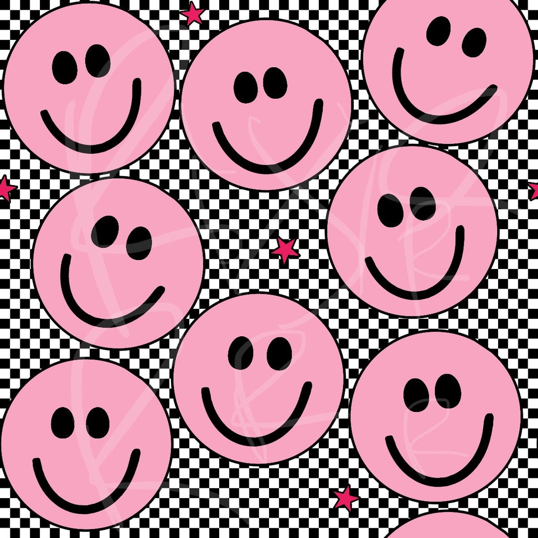 Seamless Files. Pink Smileys on Tiny Black and White Checkerboard ...