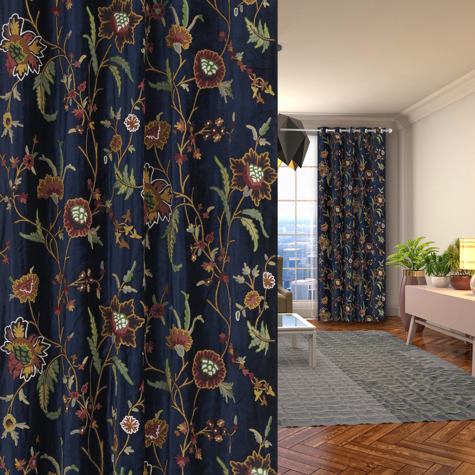 Beautiful Navy Blue Velvet Hand Embroidery Fully Lined Crewel Curtain