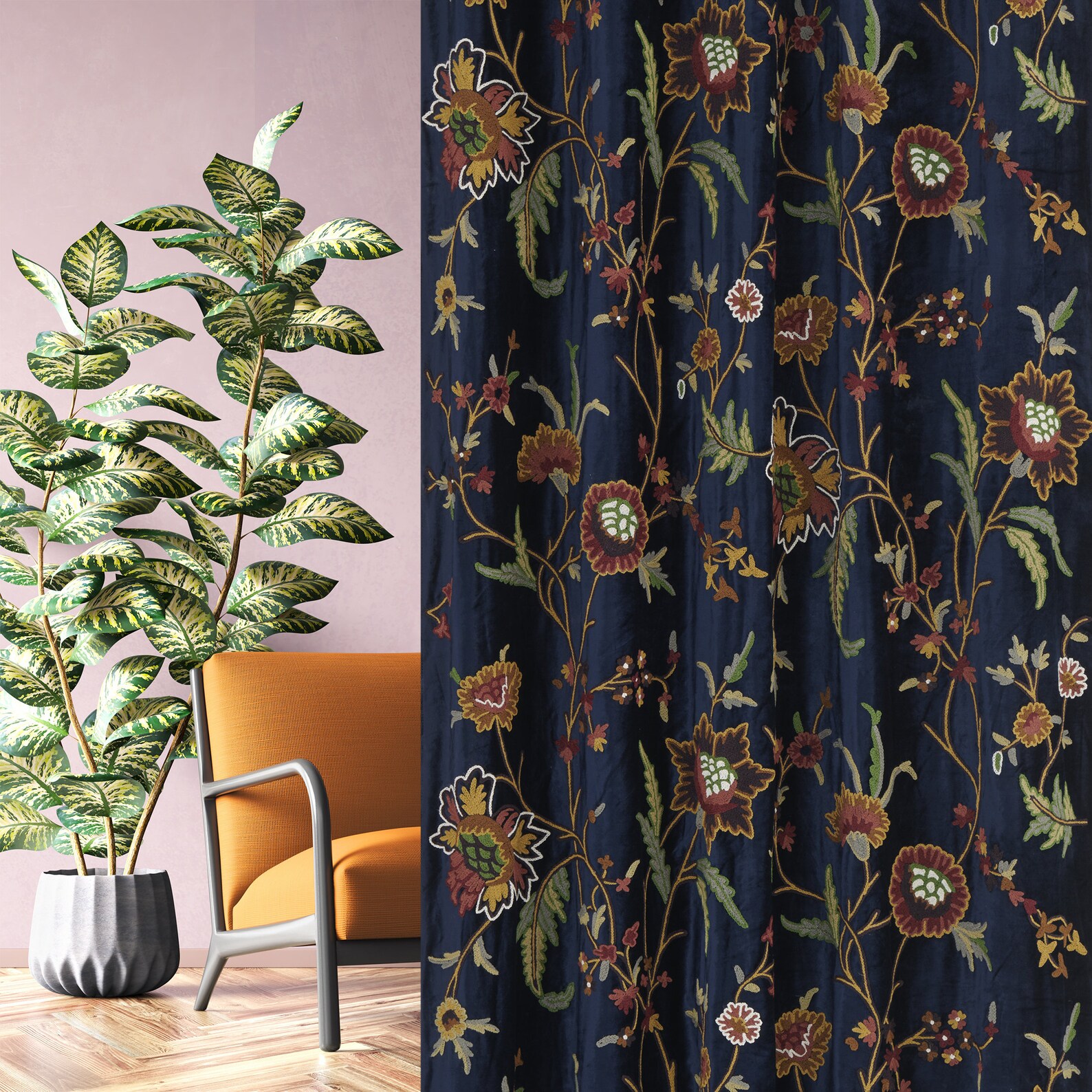 Beautiful Navy Blue Velvet Hand Embroidery Fully Lined Crewel Curtain