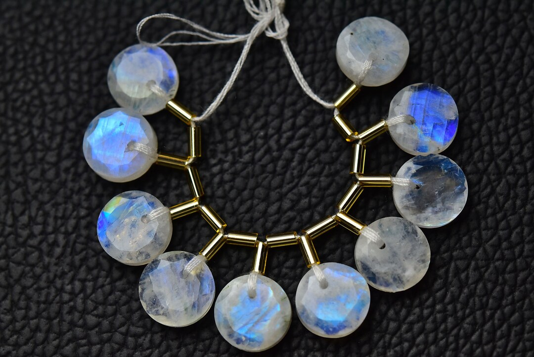 Blue Fire Rainbow Moonstone Coin Bead ( 1mm Hole Front Drilled ) 10mm ...
