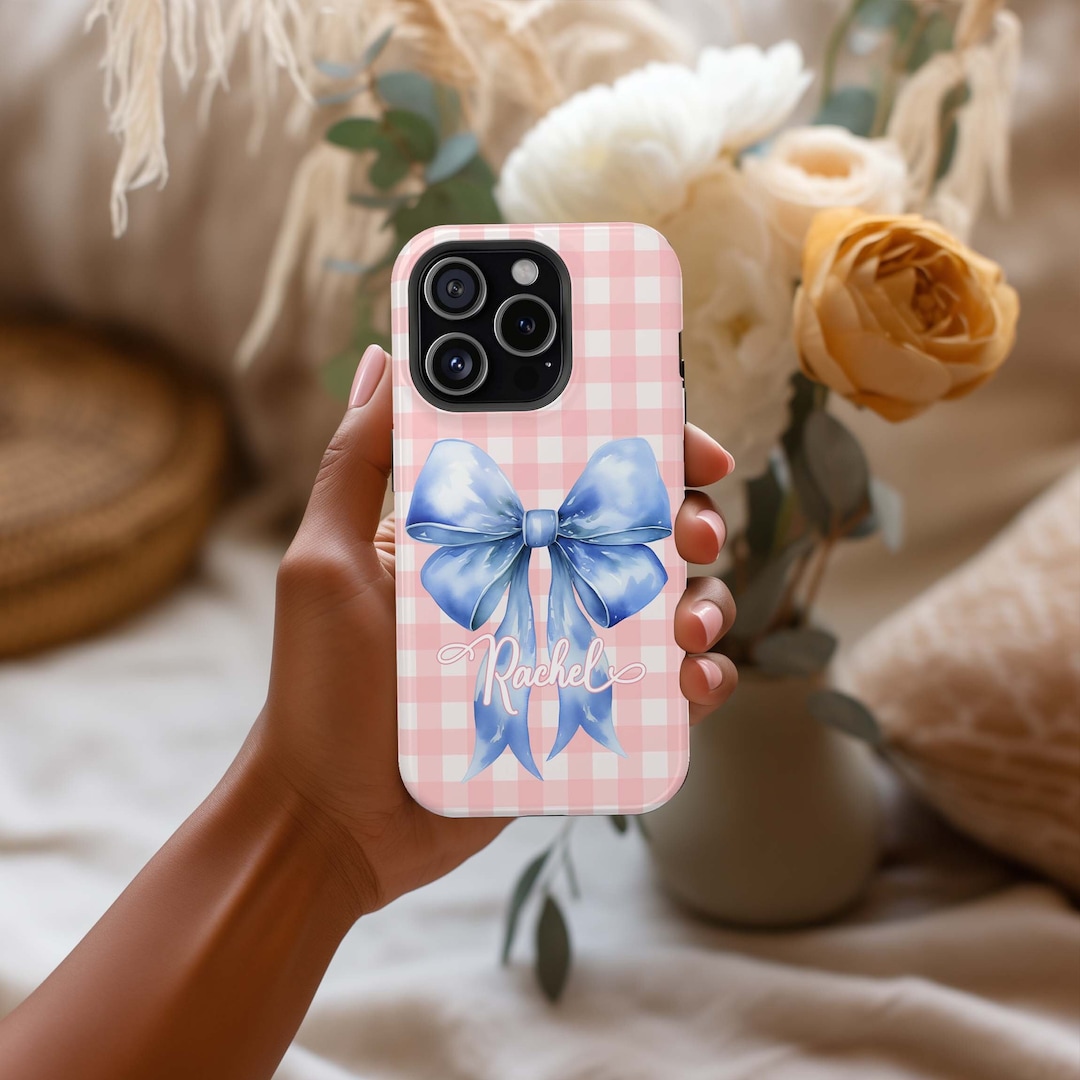 Custom Coquette Bow iPhone Case Personalized Name Pink Check Magsafe Phone Case Blue Ribbon Bow ...
