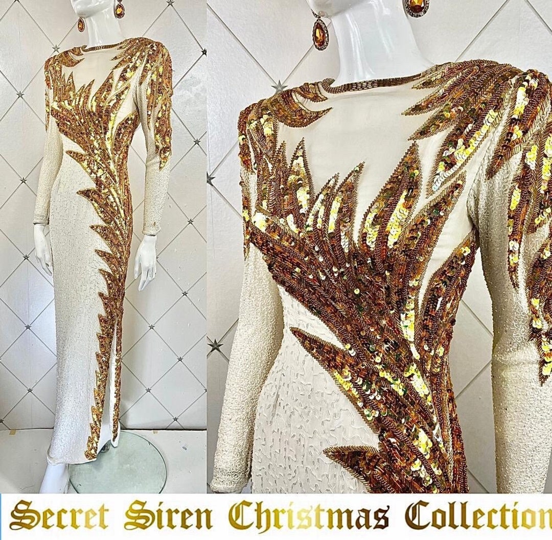 80s Does 40s Hollywood Crystal Beaded Ivory Silk Chiffon Gown .. Gold ...