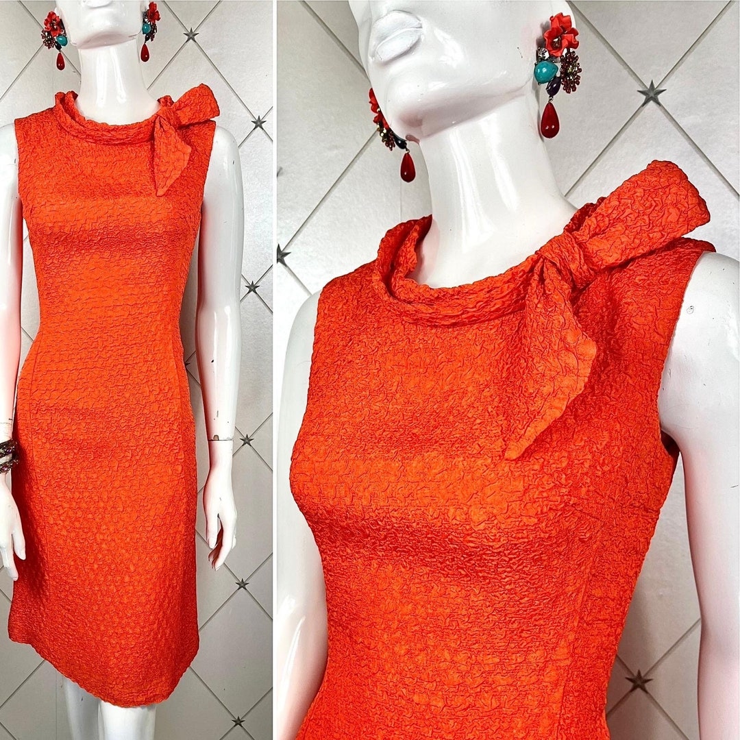 1960's Tangerine Textured Fitted Dress .. Side Neck Tie Detail .. Metal ...