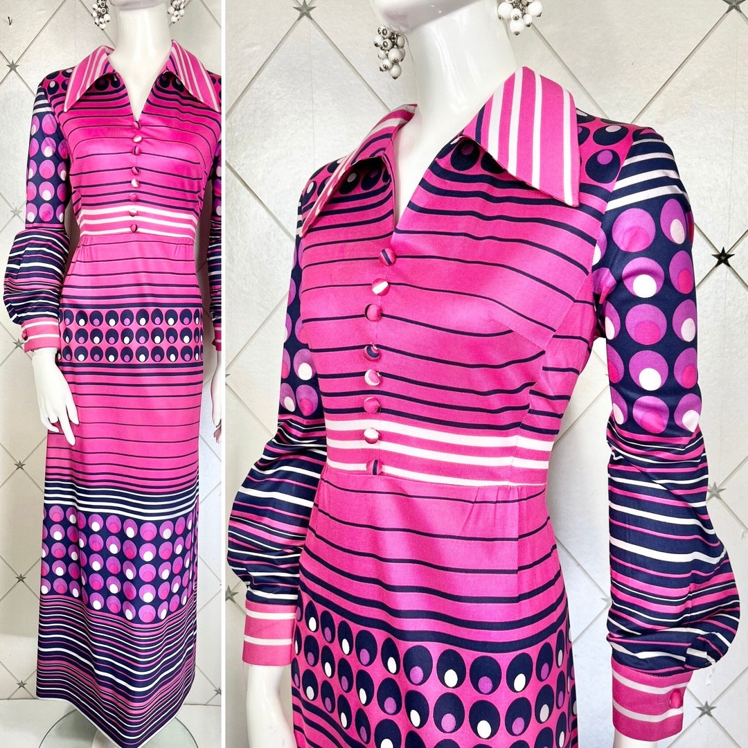 1970's Sugar Pink Op - Art Print Maxi .. Front Faux Button Closure ...