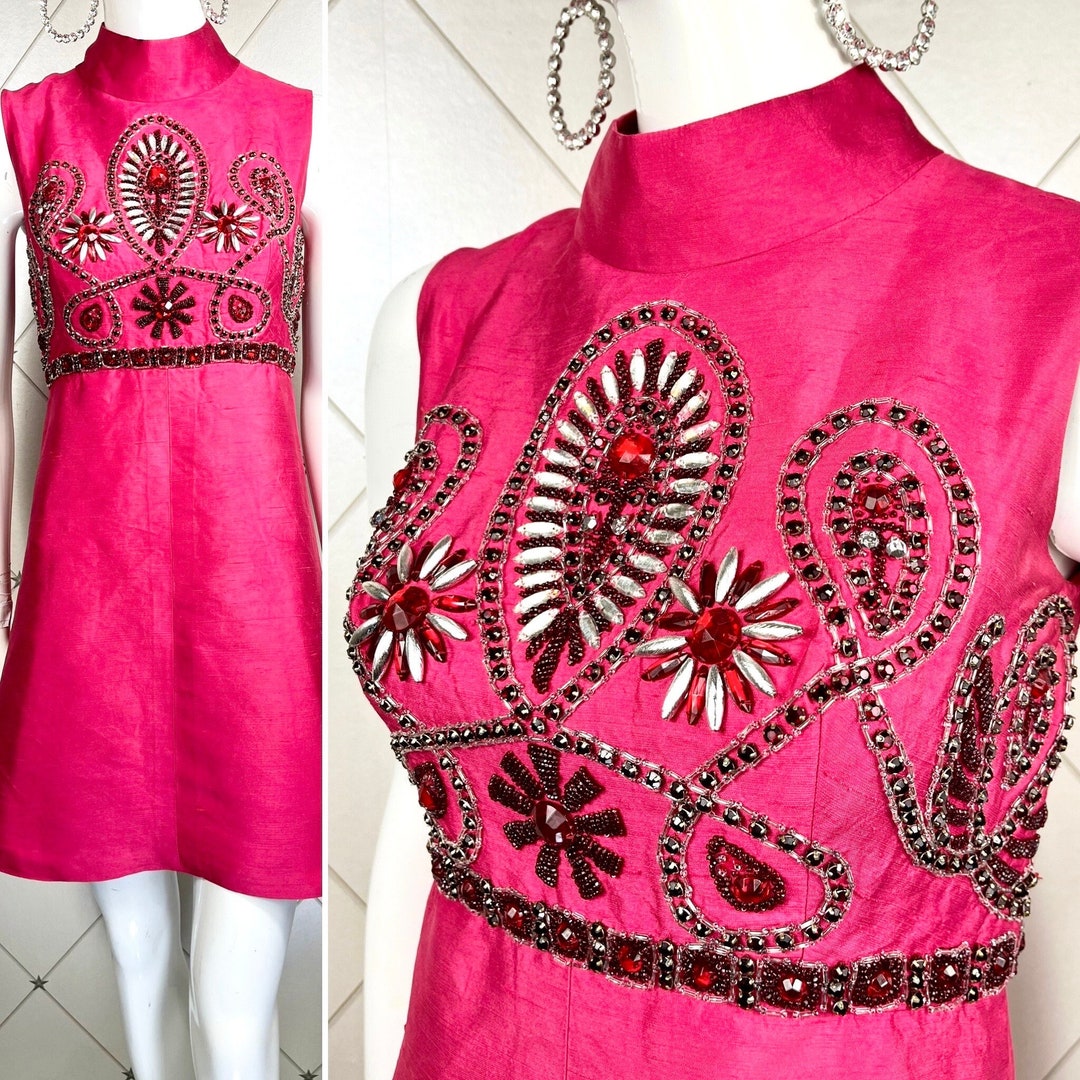 1960's Bedazzled & Bejewelled Raspberry Silk GO GO Mini Dress .. Metal ...