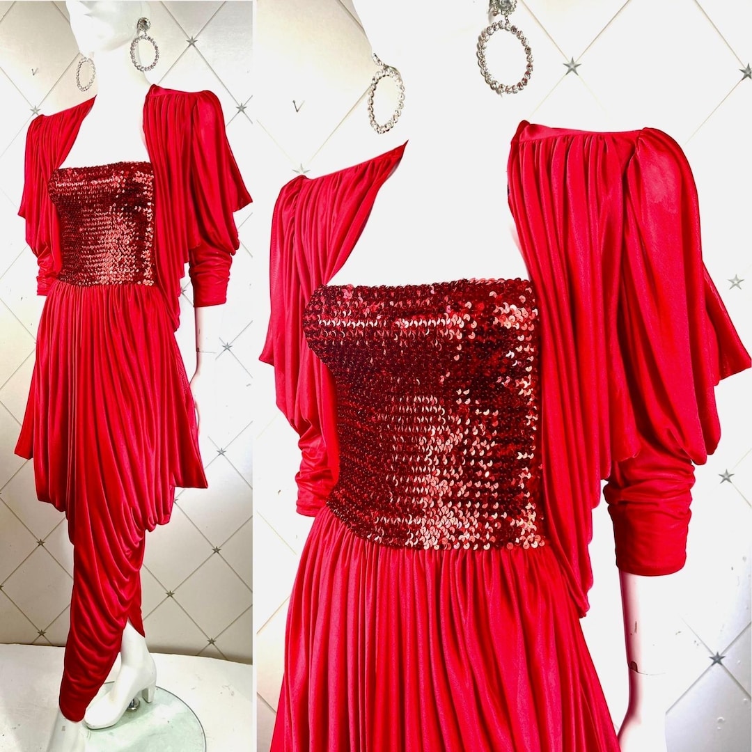1980's Scarlet Silky Jersey Draped Jumpsuit & Jacket .. Strapless ...