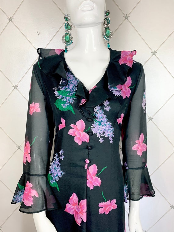 1970's Painterly Rose & Lilac Floral Georgette Maxi .… - Gem