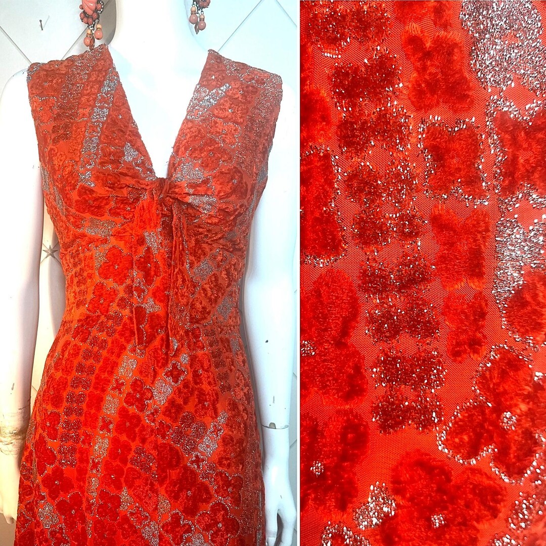 1960's Vermillion Orange Crushed Velvet Embroidered Gown .. UK 12 ...