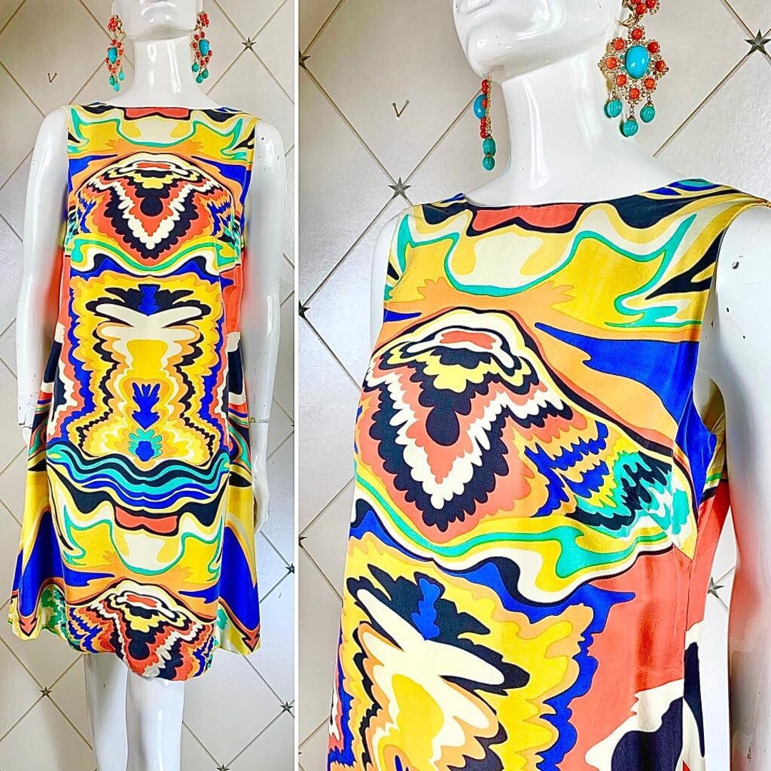 1960s Abstract Swirl Mirror Print Silk Shift Dress .. Metal Zip ...
