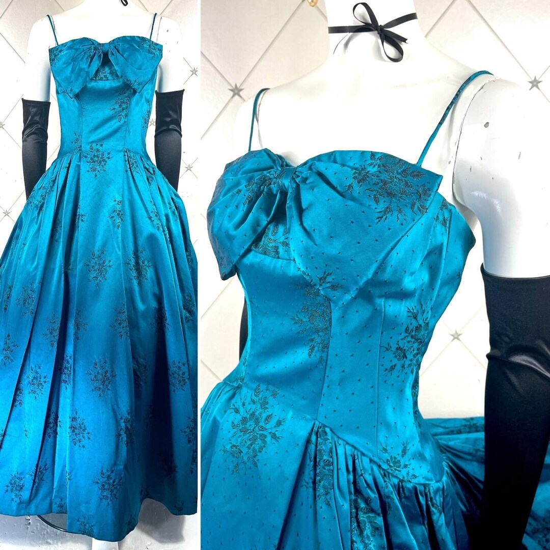 1950s Peacock Blue Satin Jacquard Boned Hooped Ballgown .. Metal Zip ...