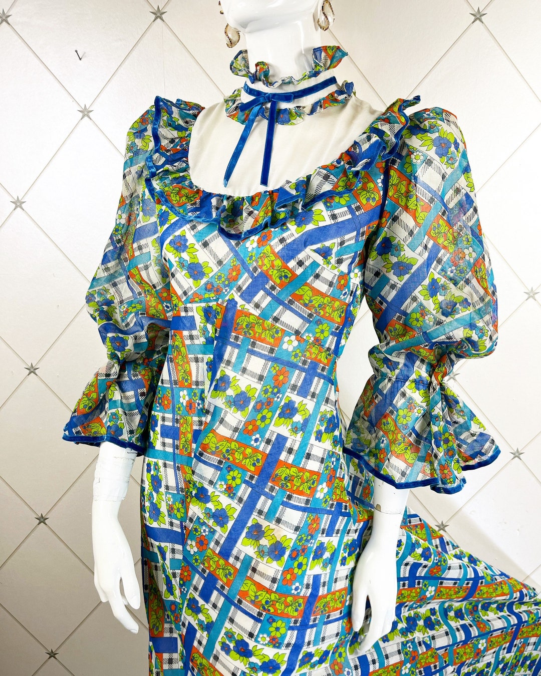 1970s Abstract Floral Diamond Check Print Cotton Puff Sleeve Prairie ...