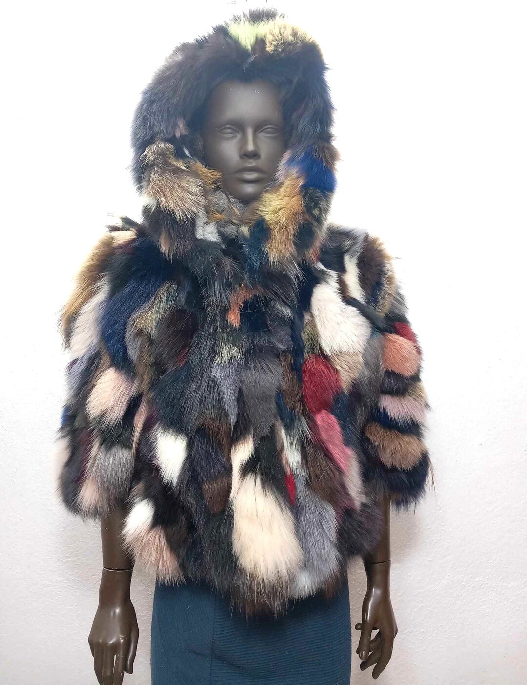 Hooded Colourful Fox Fur Cape, Colourful Fox Fur Cape, Hooded Colourful ...