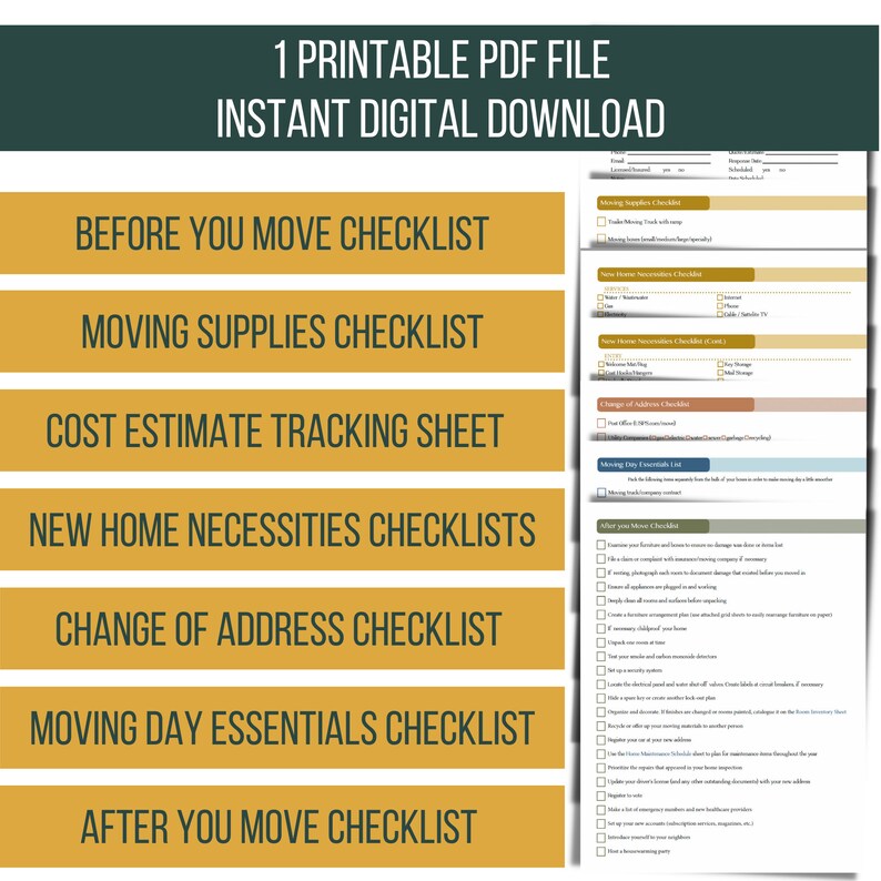 Moving Checklists Planner for Relocation and New Home Printable Moving ...
