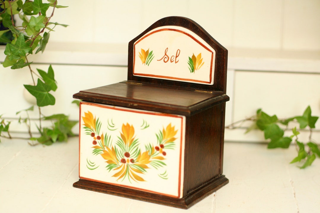 Vintage French Wood & Ceramic Salt Box Wooden Salt Sel Container French ...