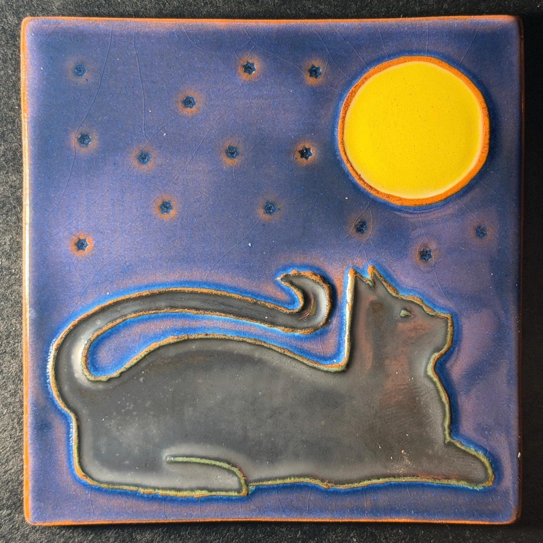 Black Cat & Moon Coaster: Handmade 4x4 Inch Tile, Signed - Etsy