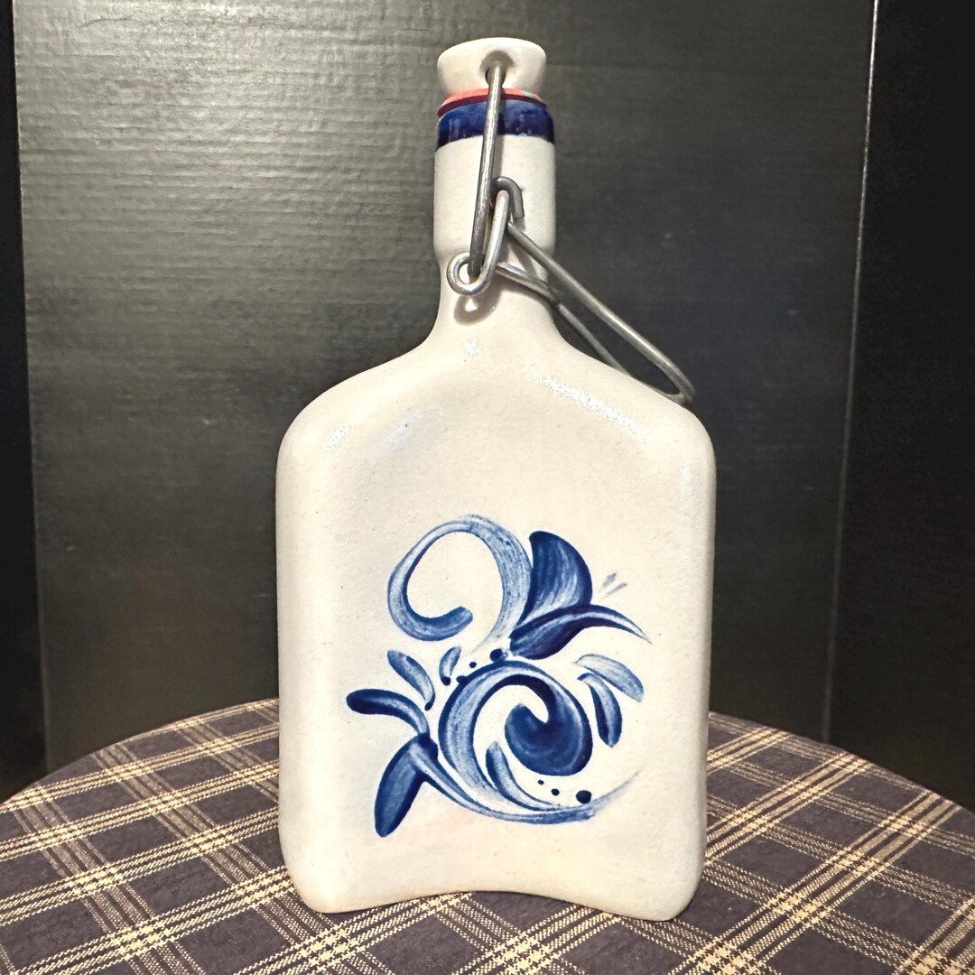 Flask Handmade Pottery: Cobalt Blue Floral Design Stoneware, 12 Ounces ...