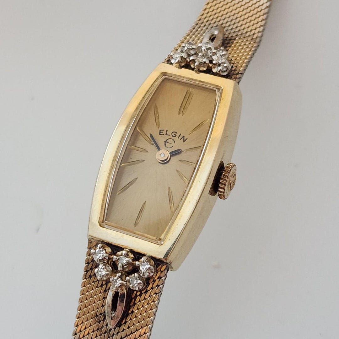 Vintage ELGIN Cocktail Watch, 14K SOLID GOLD Case, Set With 12 Diamonds ...