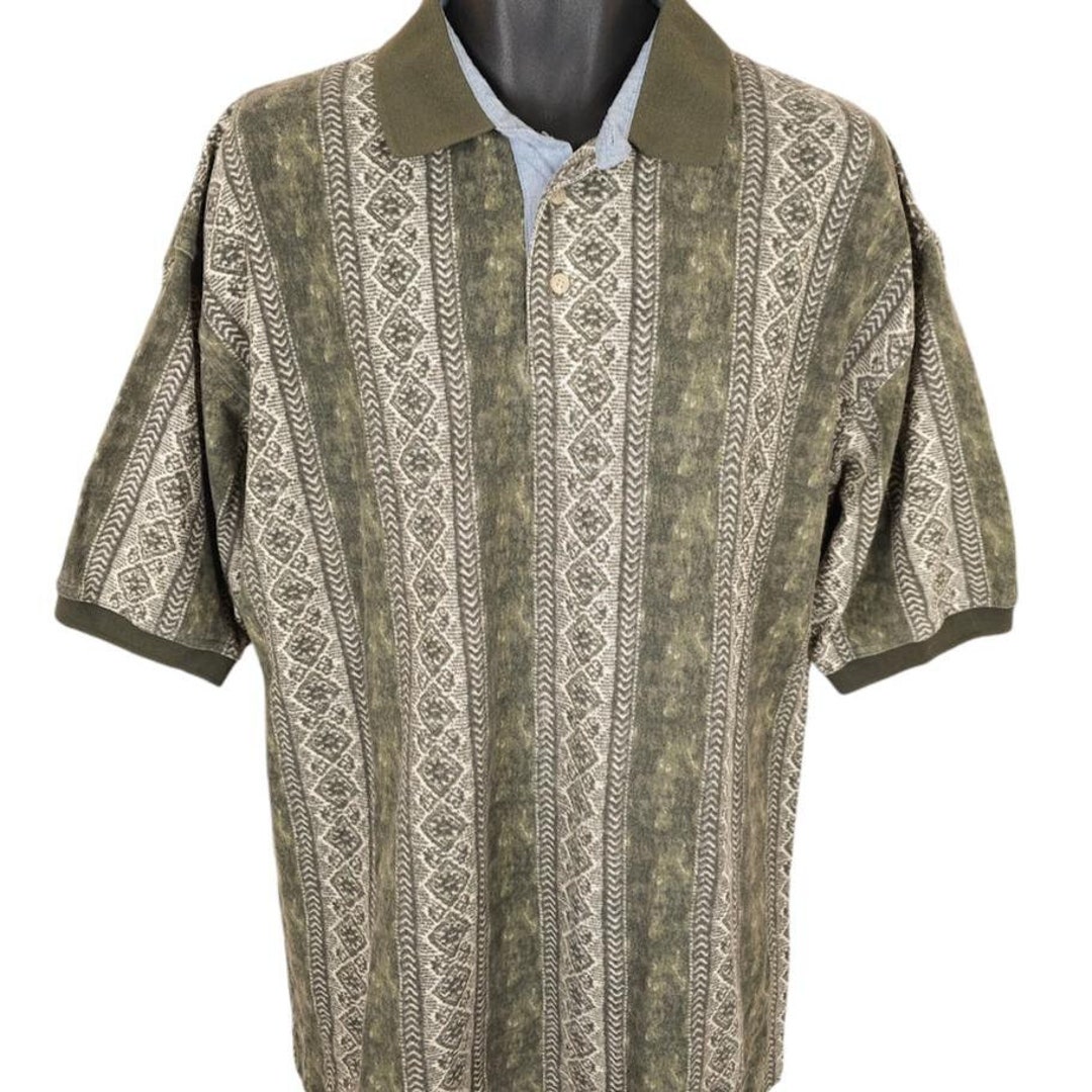 Vintage Bugle Boy Polo Shirt Mens Size Large 90s Beige All Over Print ...