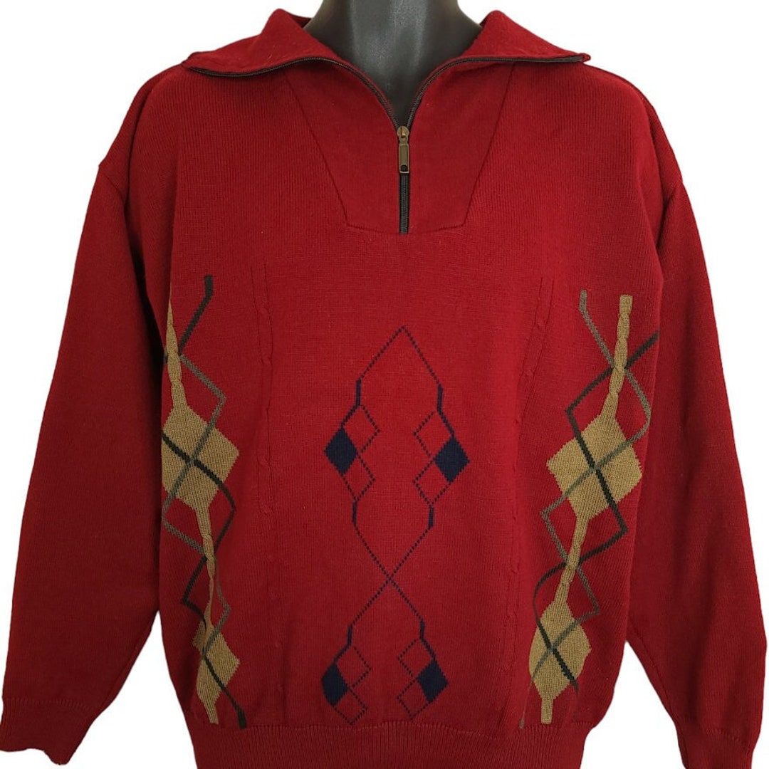 Celesto Oswal Rockabilly Sweater Vintage Argyle Mock Neck Quarter Zip ...