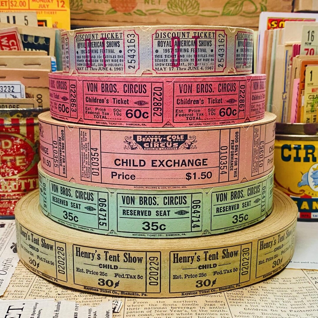 Vintage Circus Ticket Stubs, Retro Circus Carnival Roll Tickets ...