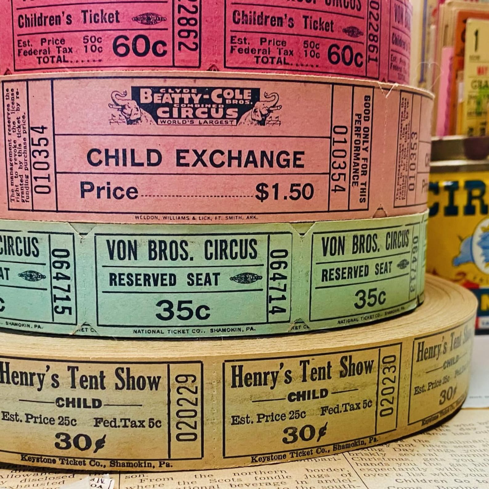 Vintage Circus Ticket Stubs, Retro Circus Carnival Roll Tickets ...