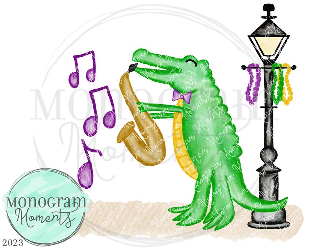 Watercolor Mardi Gras Jazz Alligator PNG – Gator Playing Sax on Street ...