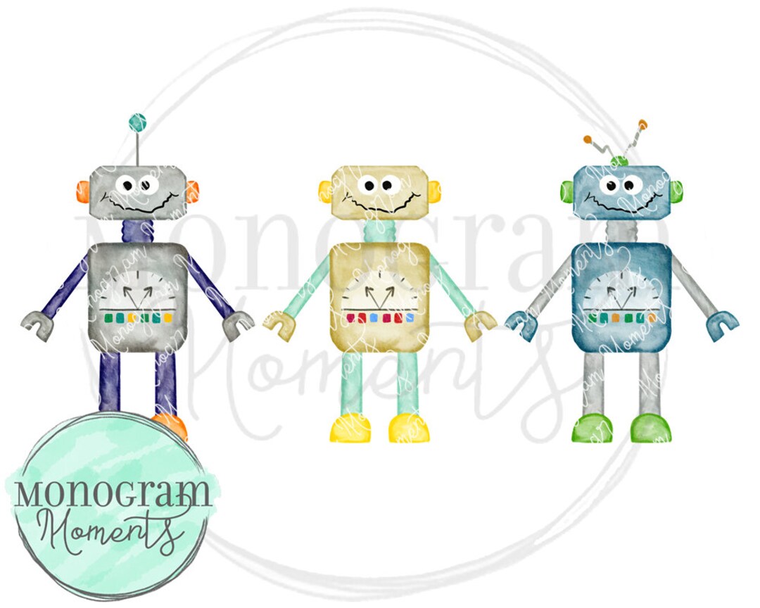 Watercolor Robot Trio PNG Boy's Robot Trio Clipart for Digital Download ...