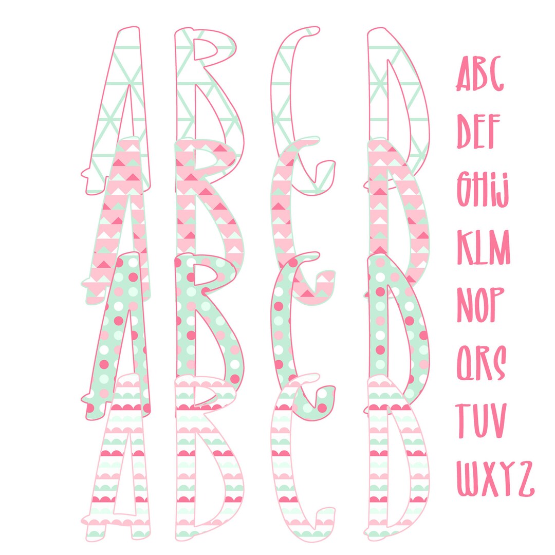 Digital Applique Alpha Pink & Mint Font for Girls Clipart for Digital ...