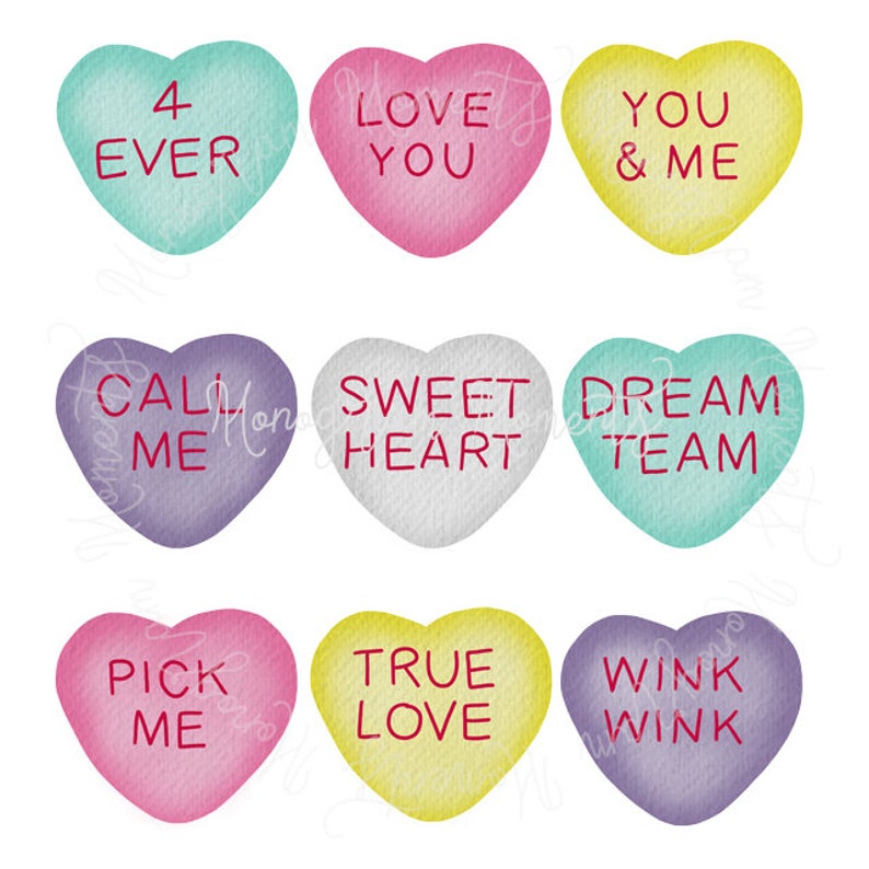 Watercolor Valentine's Day PNG Candy Conversation Hearts - Etsy
