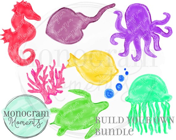Watercolor Beach Bundle PNG Watercolor Sea Creatures Clipart | Etsy