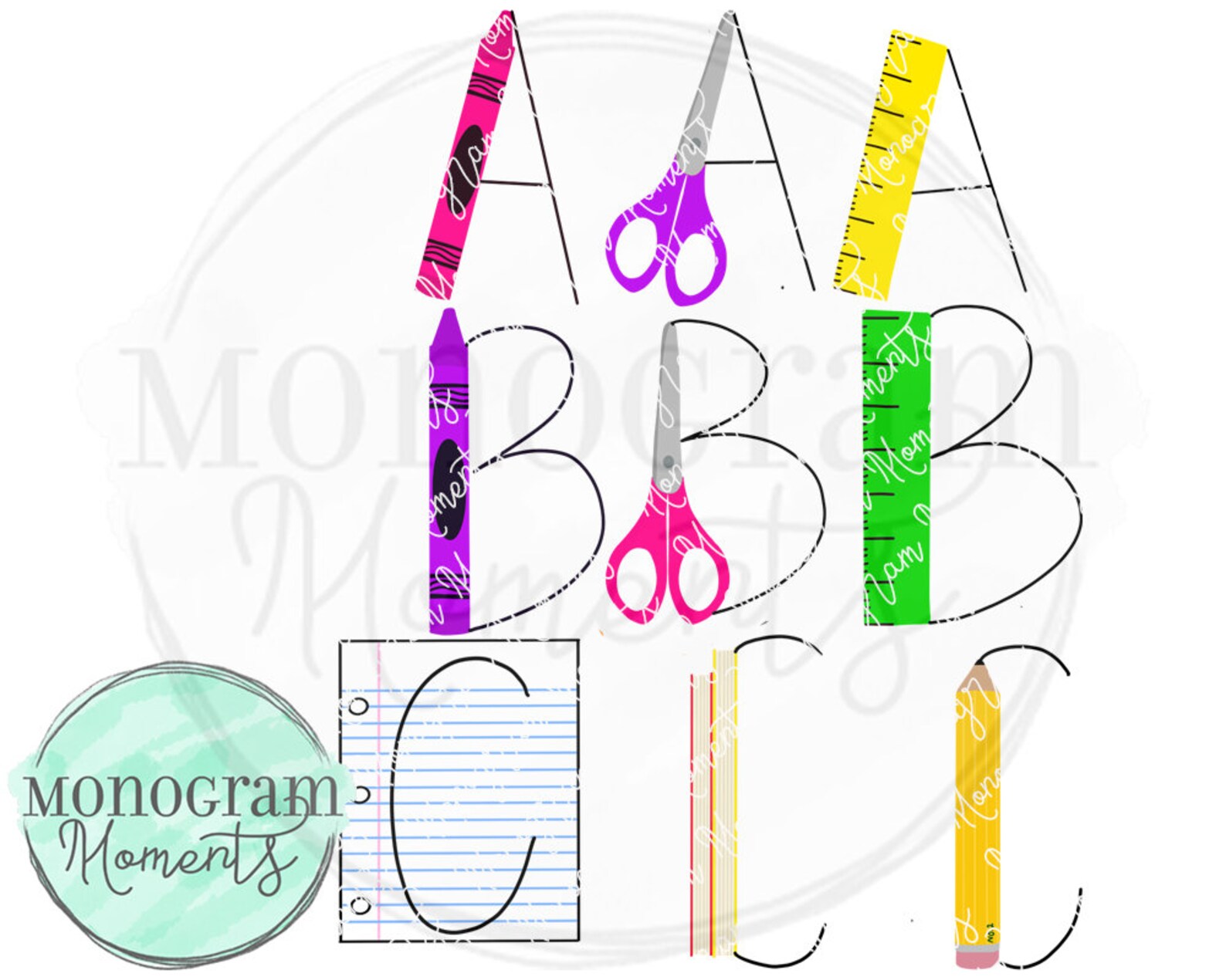 Digital Alpha School Supplies Alphabet Clipart for Digital Download ...