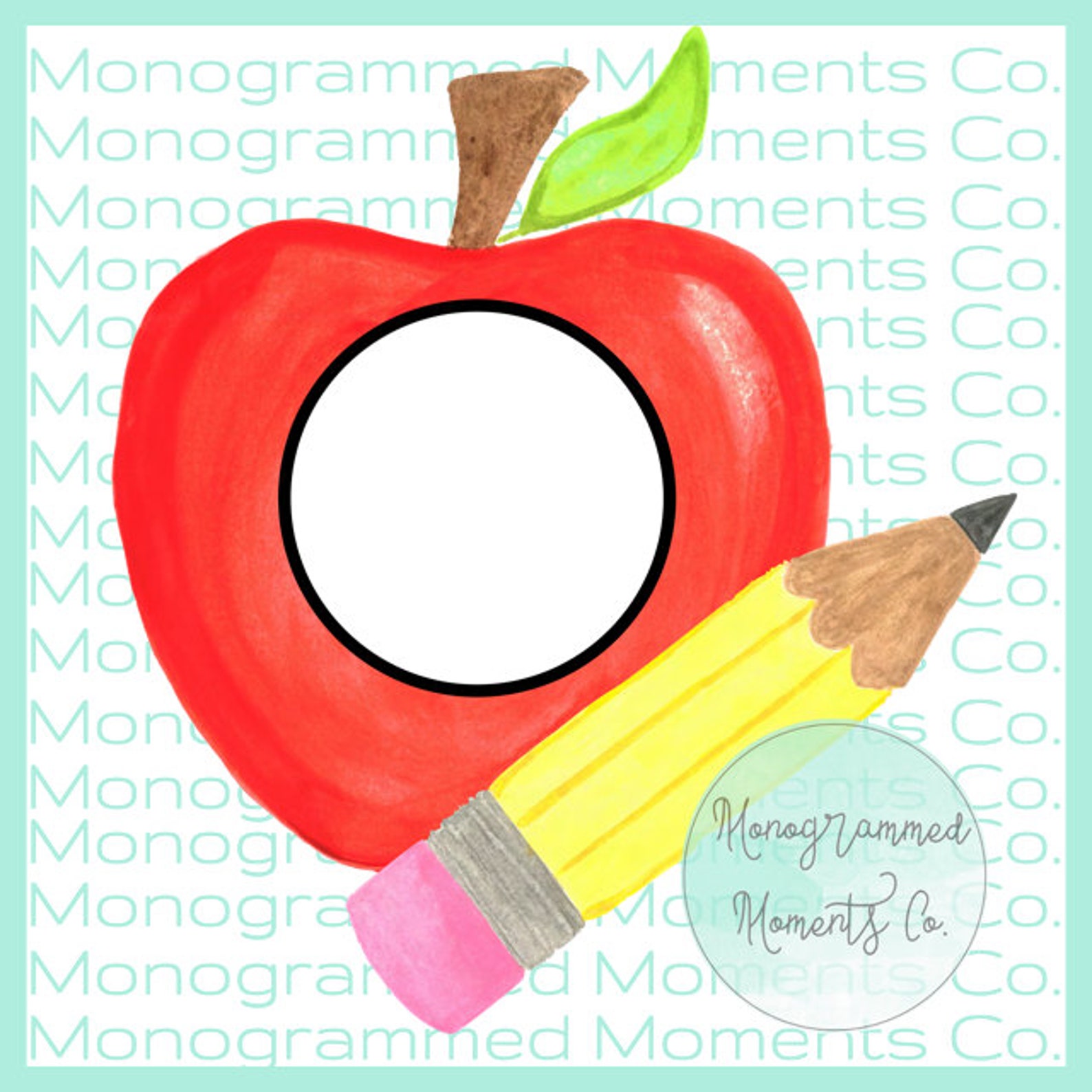 Apple and Pencil Monogram Back to School Watercolor Clipart | Etsy