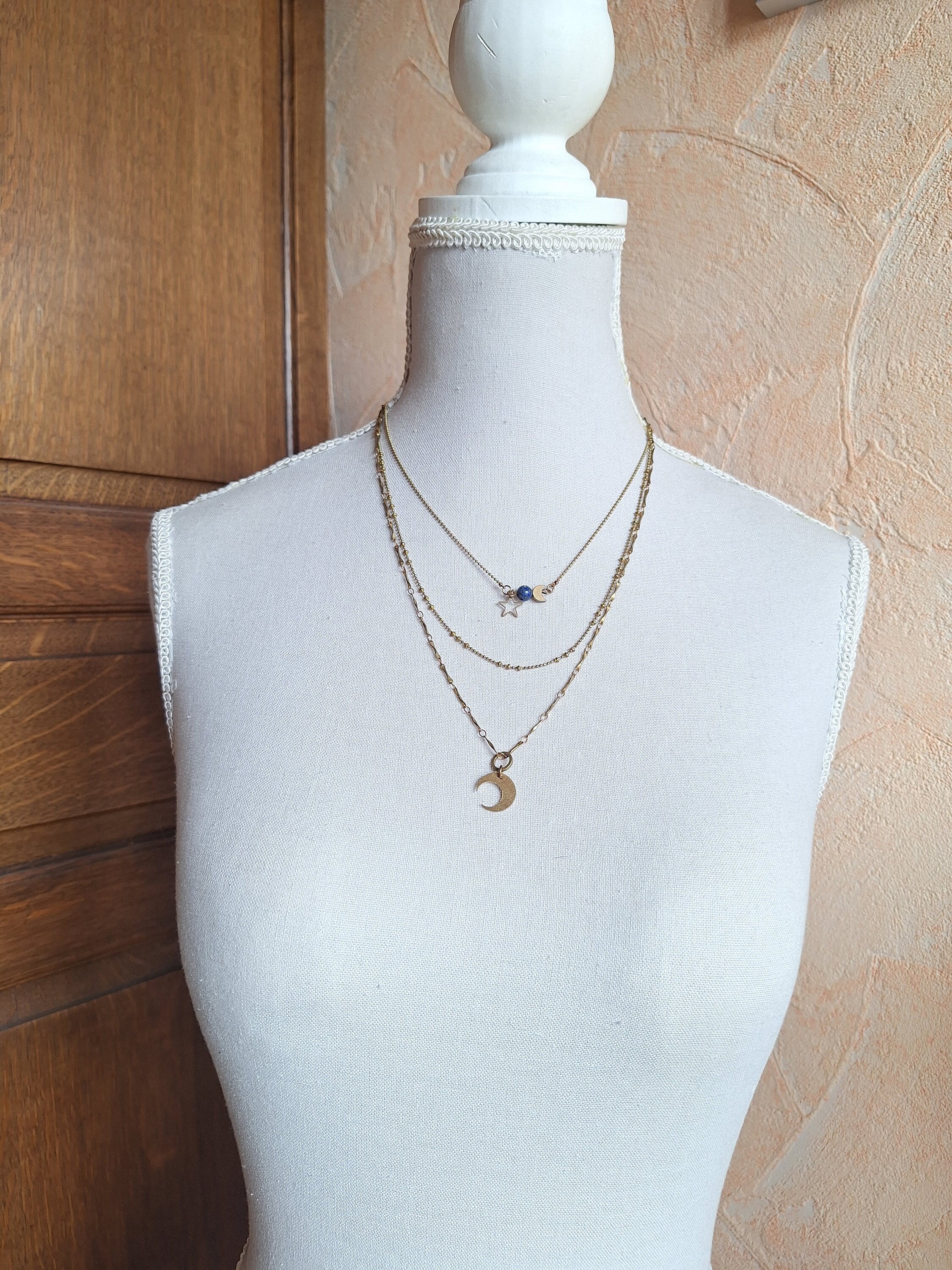 Short Multi-row Celestial Star Moon Necklace in Raw Brass Matte Gold ...