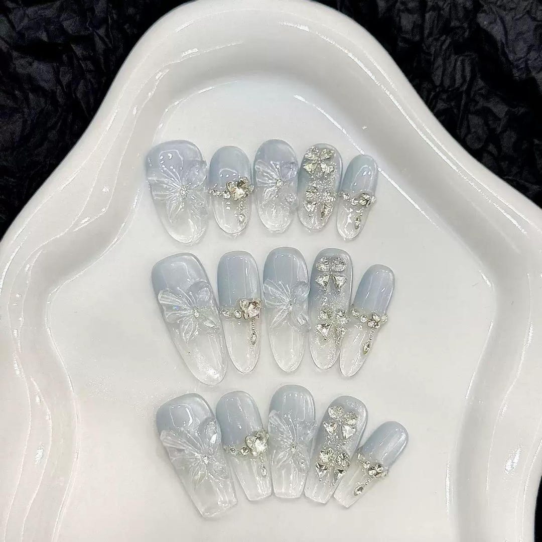 Buy 3 Get 1 Free!custom Press on Nails/freehand Sketching Nails/blue ...