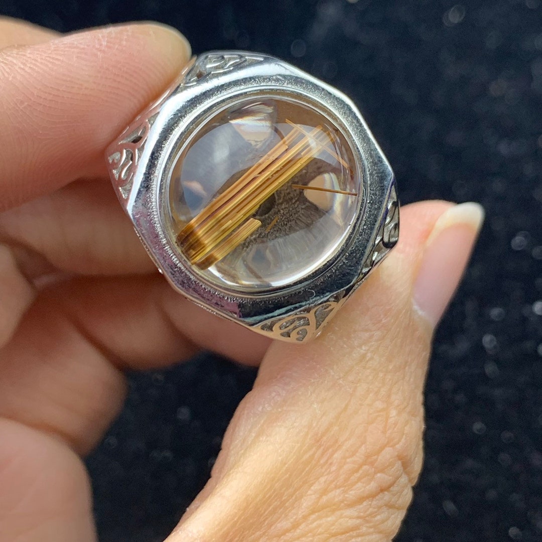 Natural Golden Titanium Rutilated Quartz Crystal Silver Adjustable Man ...