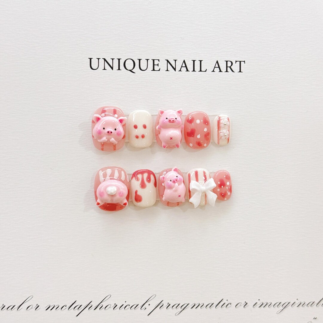 Custom Press on Nails/freehand Sketching Nails/3d Pink Pigs Nails ...
