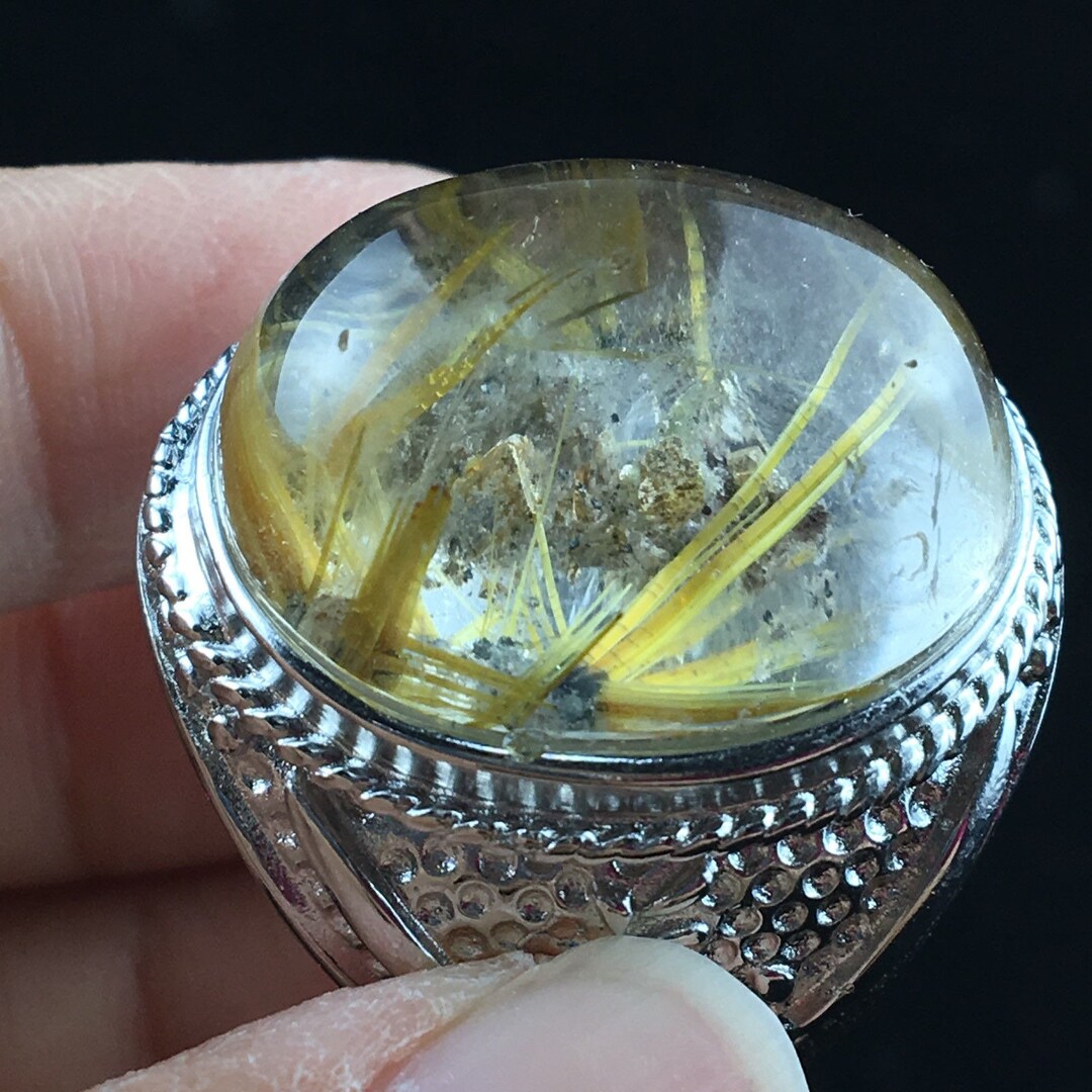 Natural Copper Pyrite Flower Rutilated Quartz Crystal Adjustable Ring ...