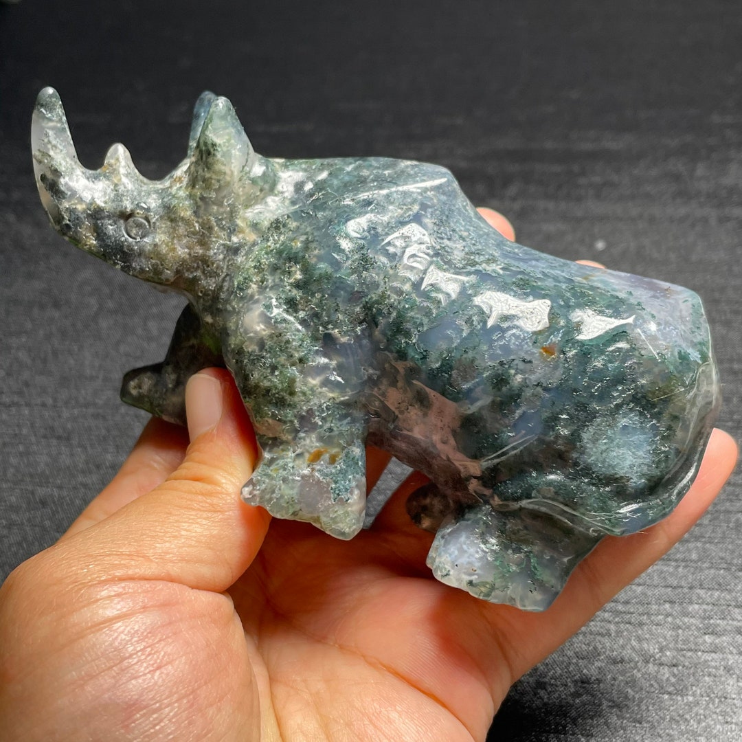 229g Moss Agate Carved Rhinoceros -7 - Etsy
