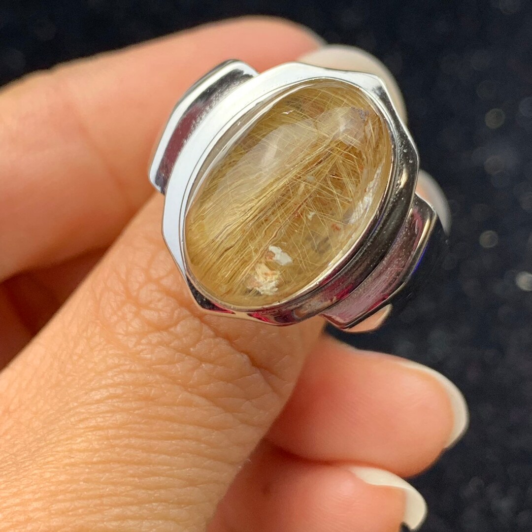 Natural Golden Rutilated Quartz Crystal Silver Adjustable Woman Ring - Etsy