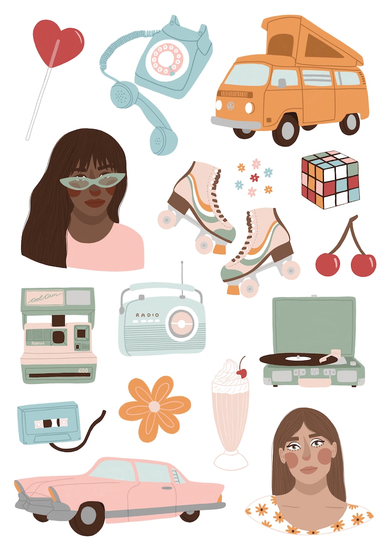 Retro Sticker Sheet Vintage Stickers Cute Illustrated | Etsy
