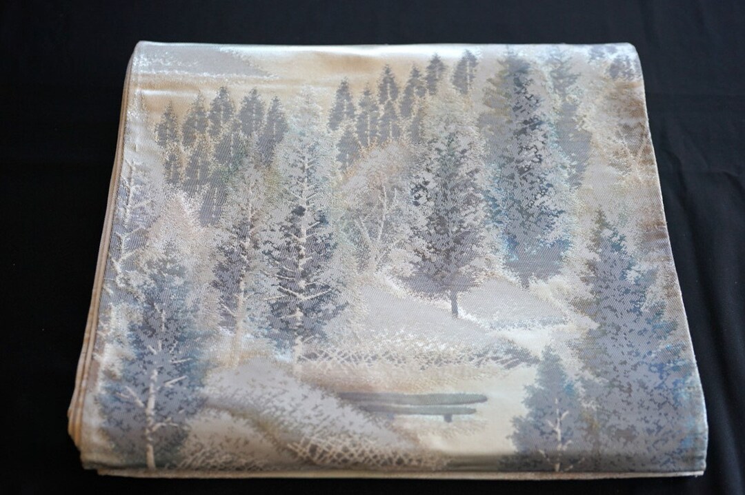 Landscape Blue and Silver Japanese Fukuro Silk Obi, Trees, Forest ...