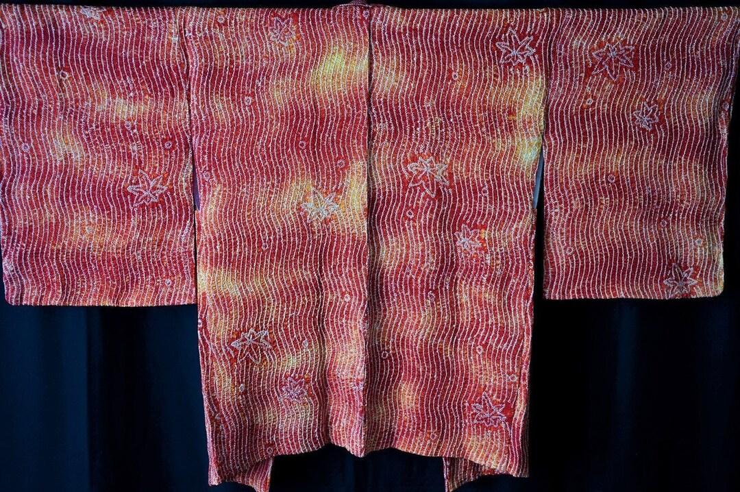 Lovely Unused Shibori Silk Haori Japanese Vintage Kimono, Bokashi, Stream Maple Leaves, Ex Cond ...
