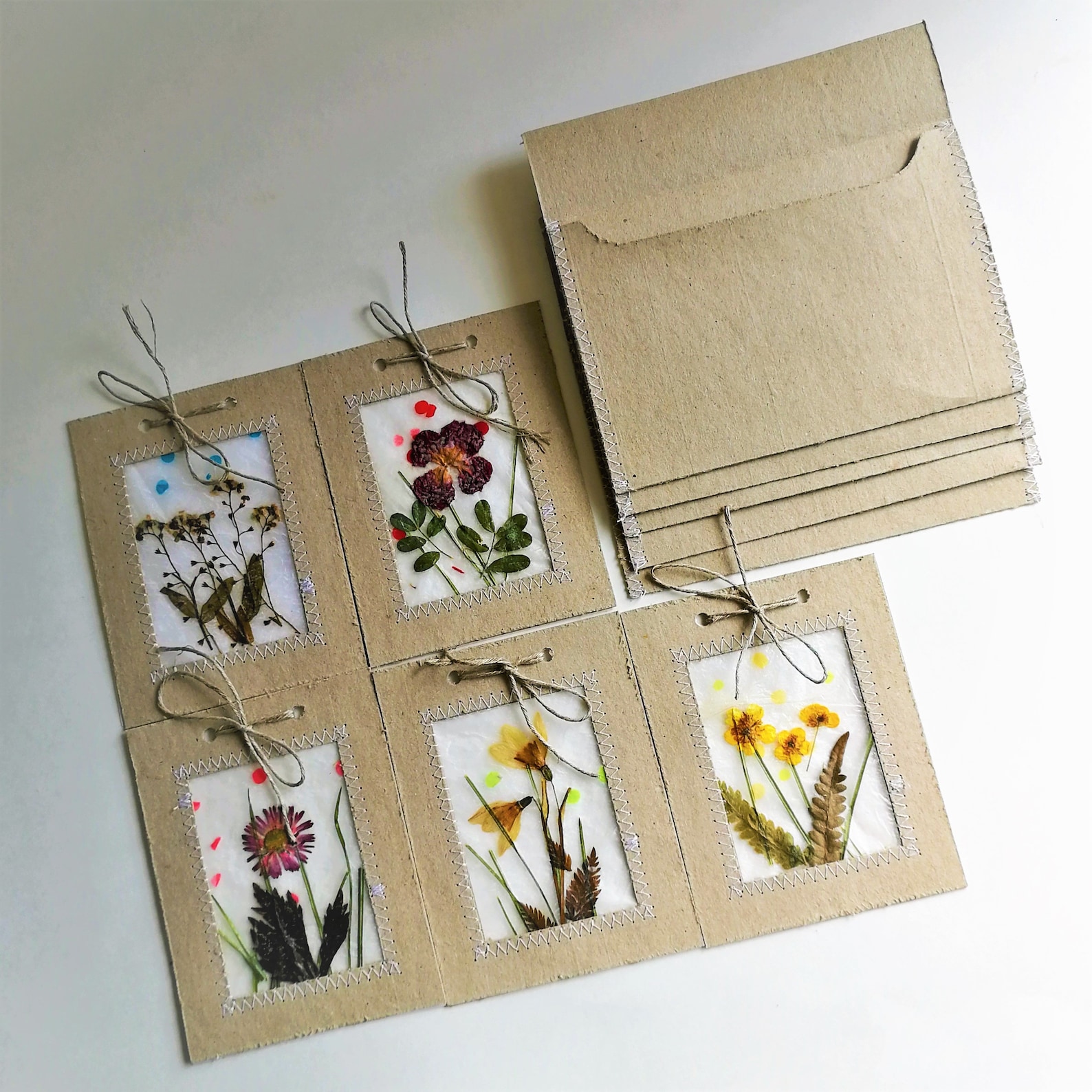 Real Pressed Flower Hand Made Paper Unique Cards and Envelopes Set of 5 ...