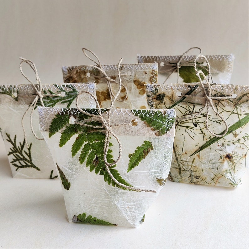 Set of 5 Handmade Paper Small Bags With Real Flowers and Plants, Gift ...