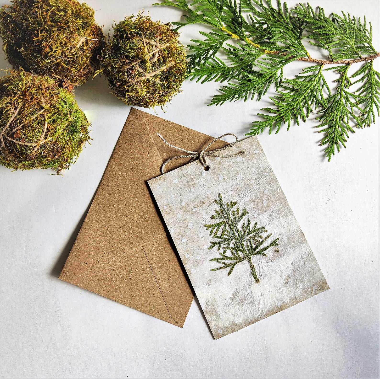 Green Christmas Tree Cards, Dried Botanical Winter Art, Handmade Paper ...